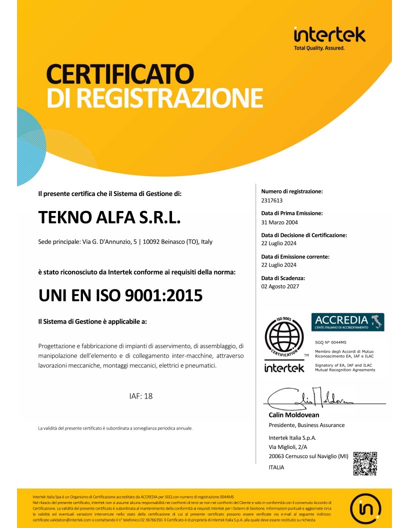 TEKNO ALFA ISO 9001 Certificate intertek • Teknoalfa