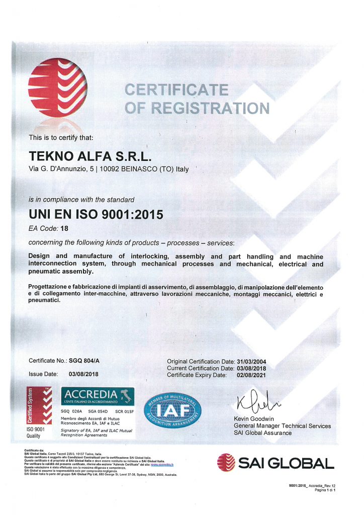 TEKNOALFA_UNI EN ISO 9001_2015_ACCREDIA_IAF_Sai Global • Teknoalfa